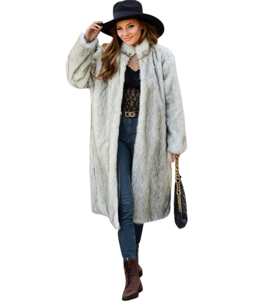 DEBIMY Faux Fur Overcoat Warm Stand Collar Jacket Fall Winter Fashion Open Front Long Shaggy ...
