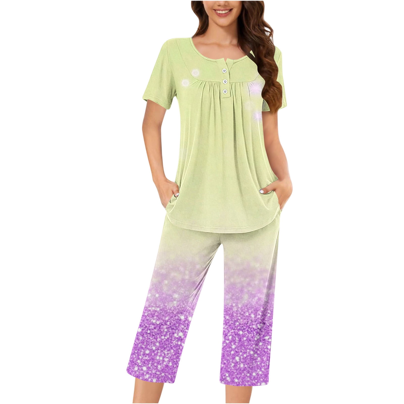 Tnhcen 2 Piece Women's Tie Dye Short Sleeve Lounge Pajamas Set Capri ...