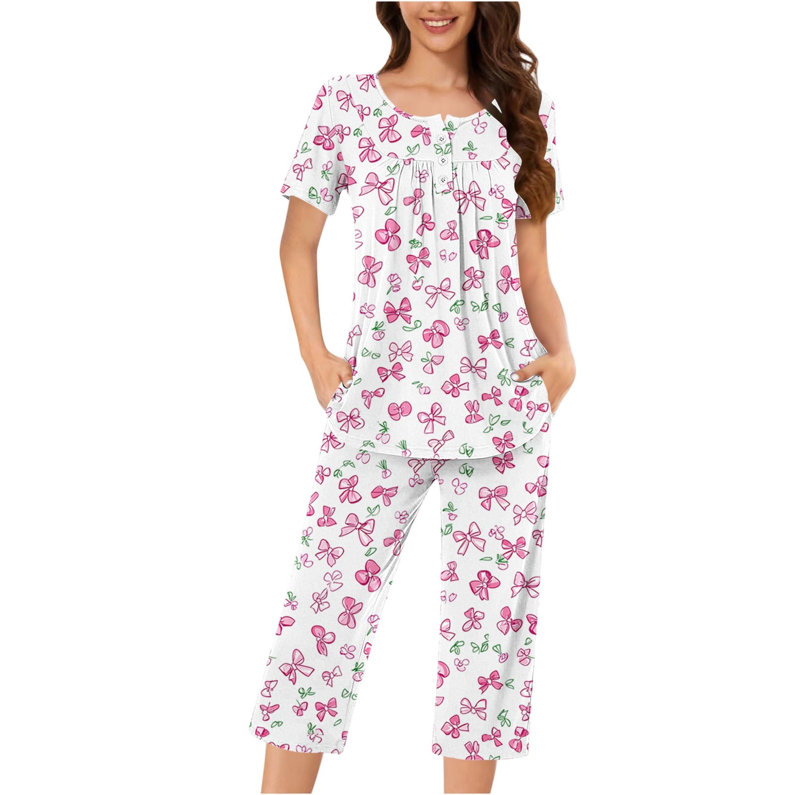 Tnhcen 2 Piece Women's Tie Dye Short Sleeve Lounge Pajamas Set Capri ...