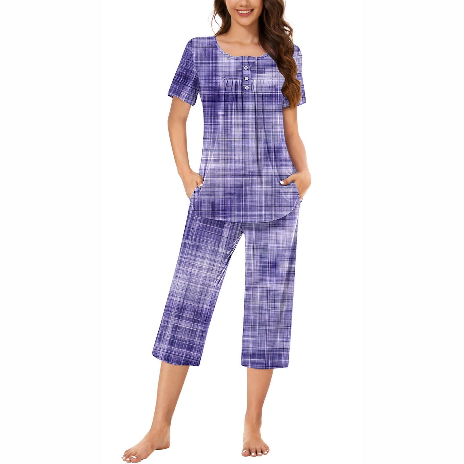 Tnhcen 2 Pieces Capri Pajamas Short Sleeve Pjs Sets Pleated Top Capri ...