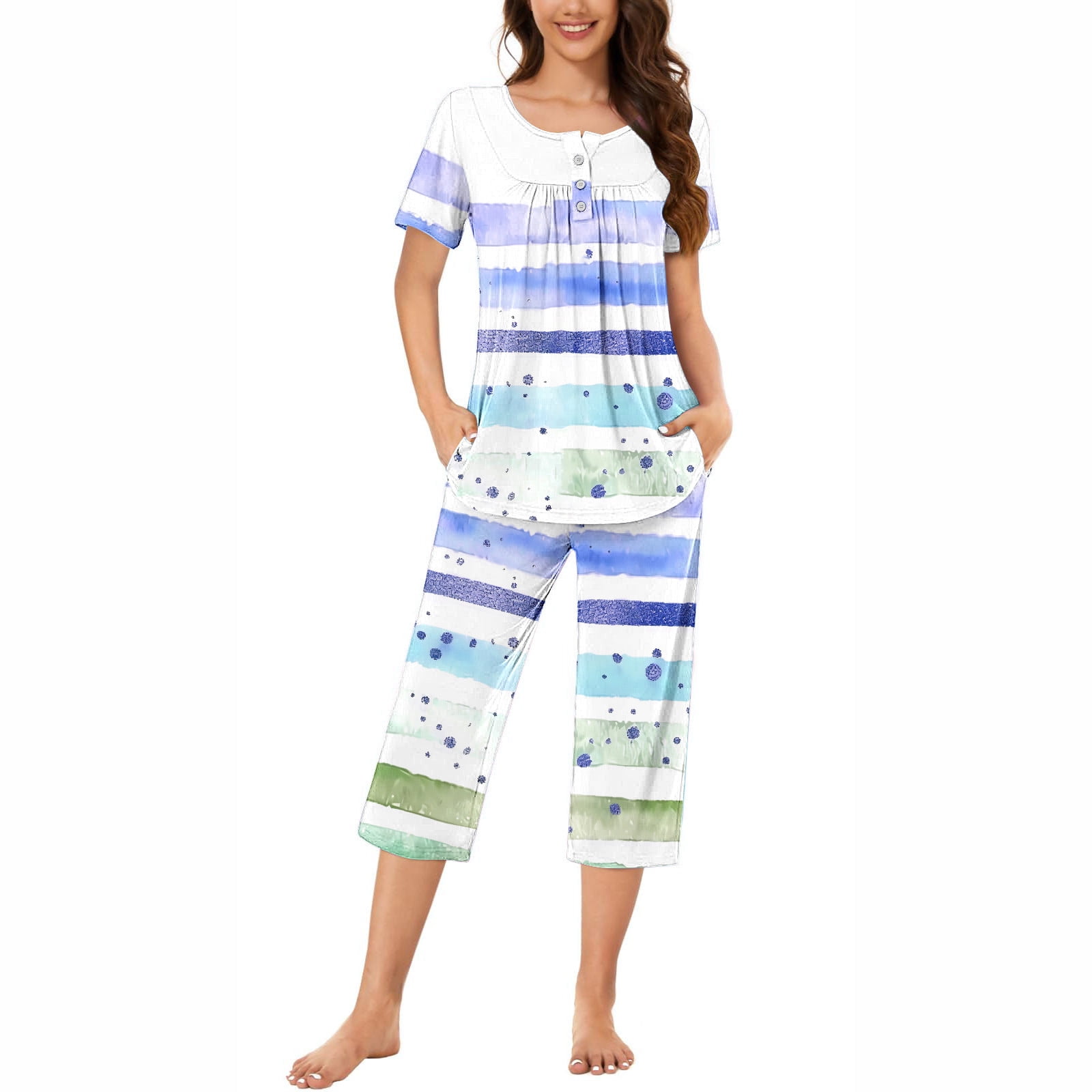 Tnhcen Refreshing 2-Piece Women's Striped Print Summer Pajama Set ...