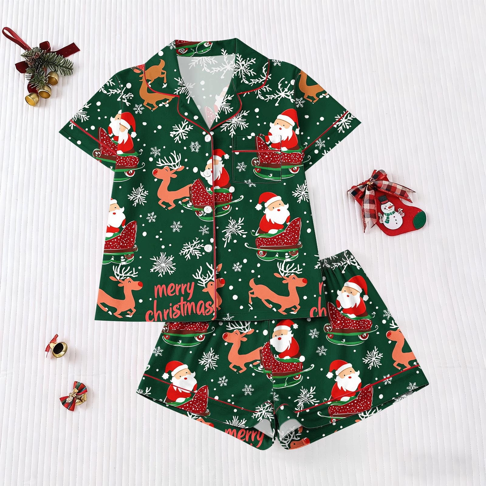 Tnhcen Women's 2-Piece Christmas Pajama Set Short Sleeve Shorts Holiday ...