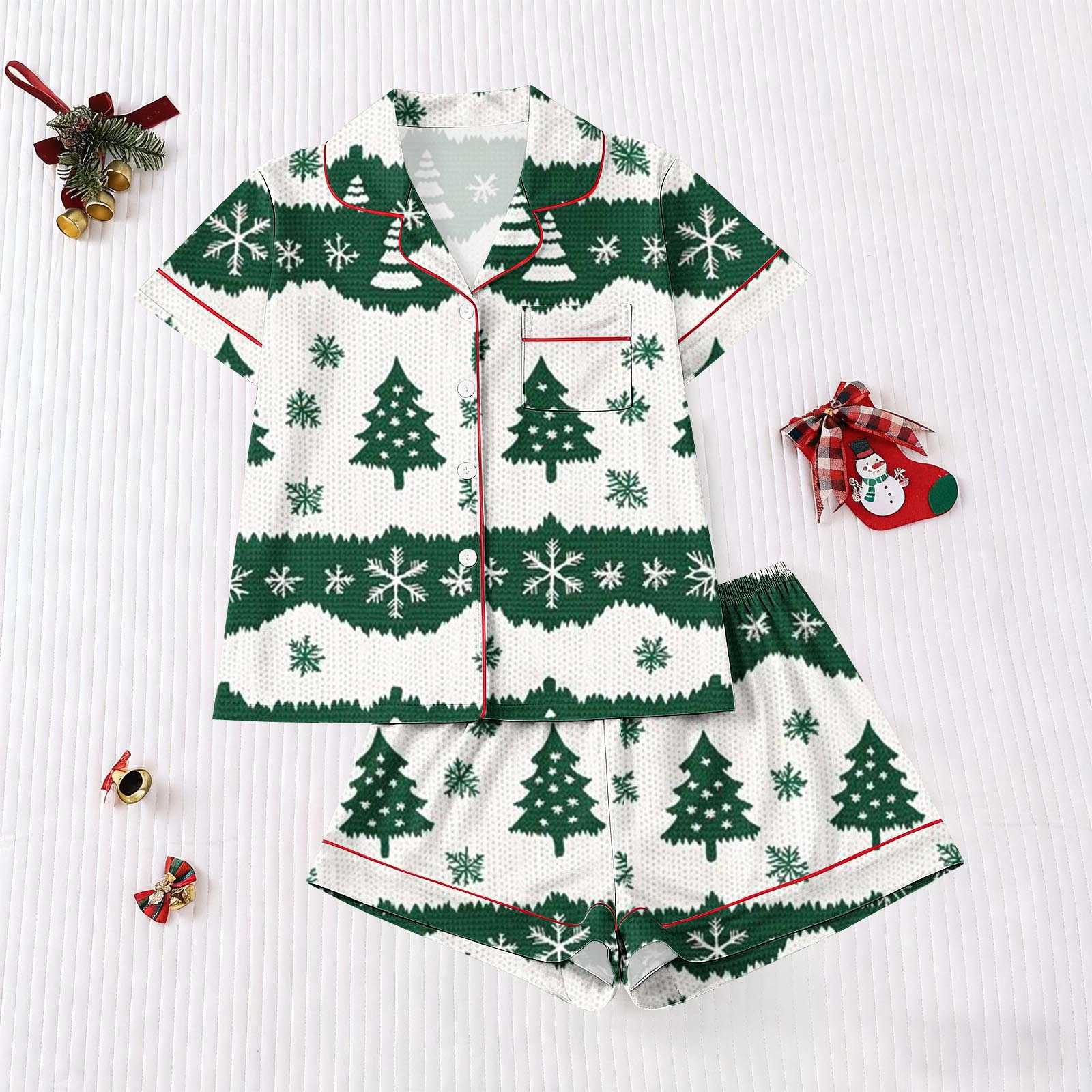 Tnhcen Women's 2-Piece Christmas Pajama Set Short Sleeve Shorts Milk ...