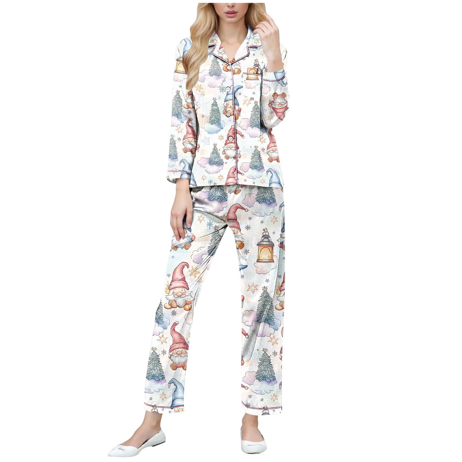 Tnhcen Women's Button Front Collared Neck Christmas Print Long Sleeve ...