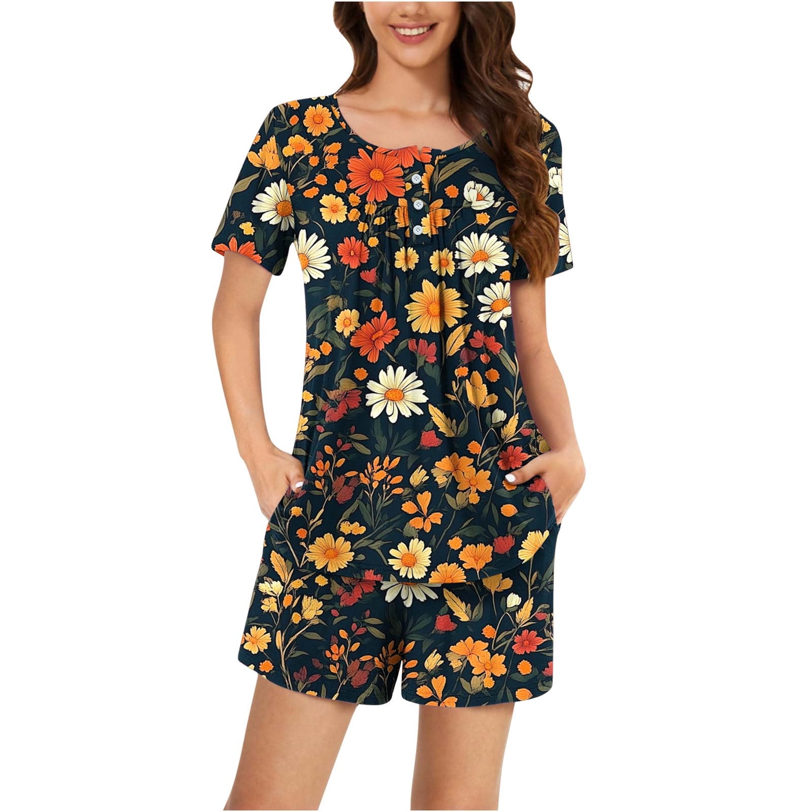 Tnhcen Women's Cooling Nightwear Set Short Sleeve Button Detail Round ...