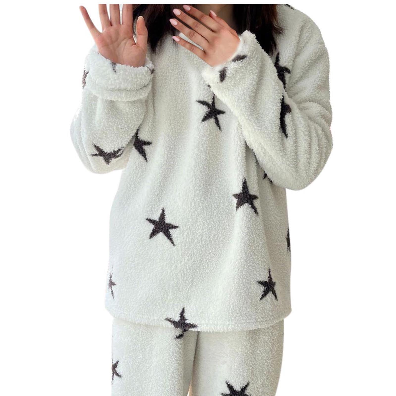 Tnhcen Women's Cozy Star-Print Coral Fleece Pajama Set - Fall Winter ...
