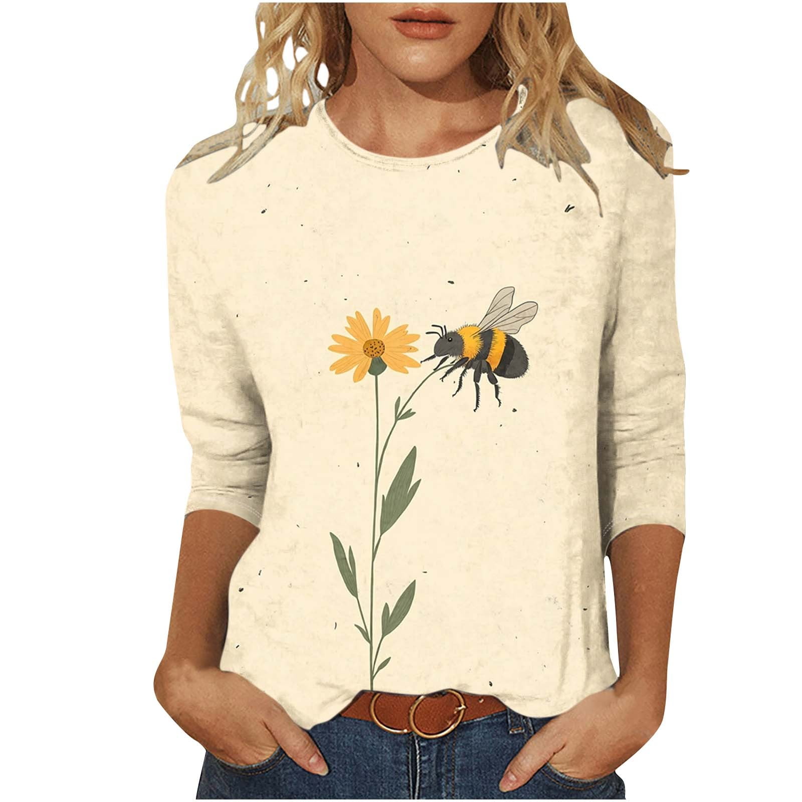 Tnhcen Women's Fall World Bee Day Print Crewneck 3/4 Sleeve Loose Fit T ...
