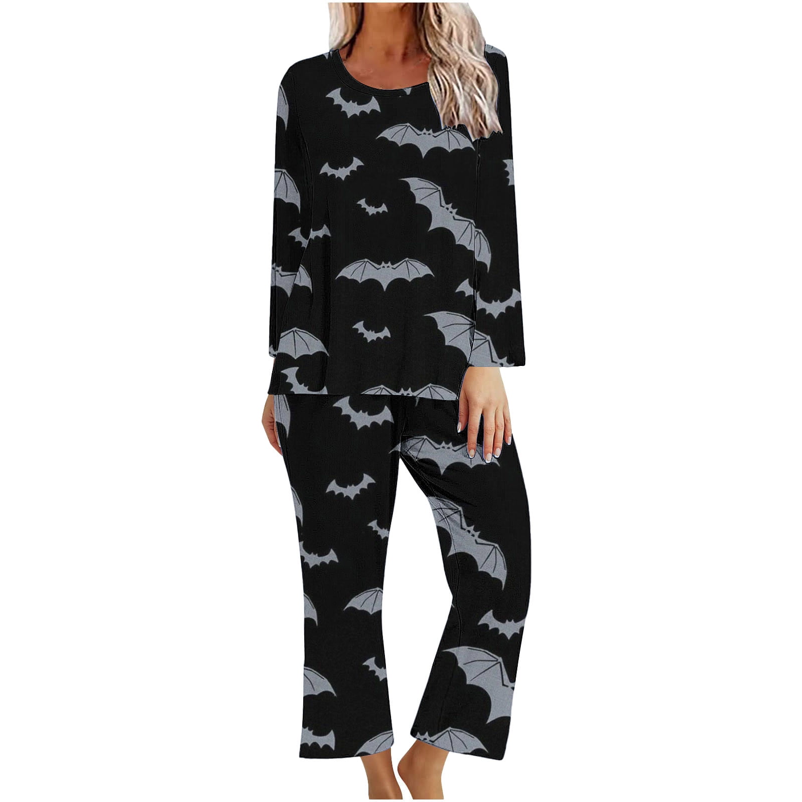Tnhcen Women's Halloween Cartoon Bat print 2 pieces Pajamas Set Crew ...