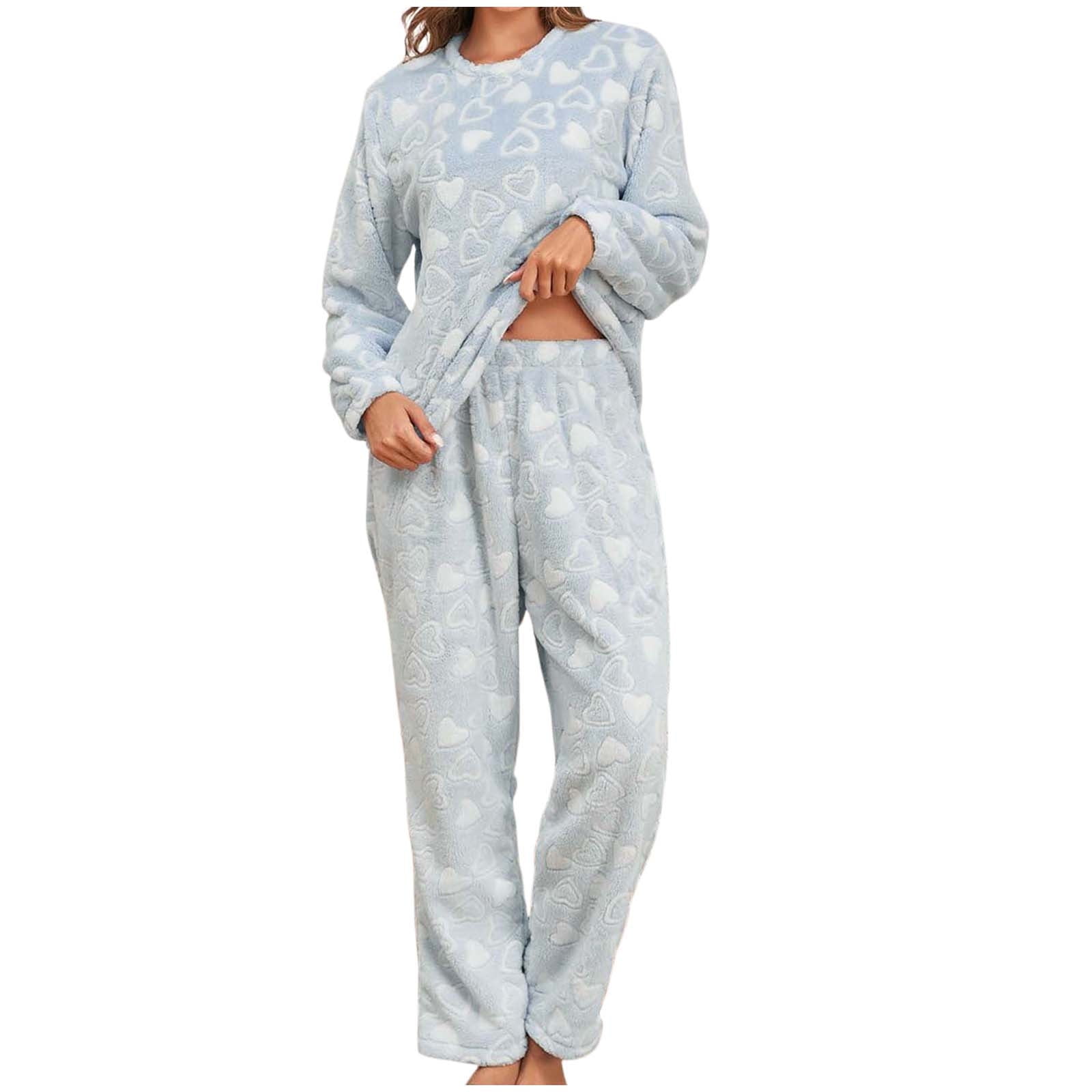 Tnhcen Women's Heart Print Flannel Sleepwear Set - Thermal Winter Long ...