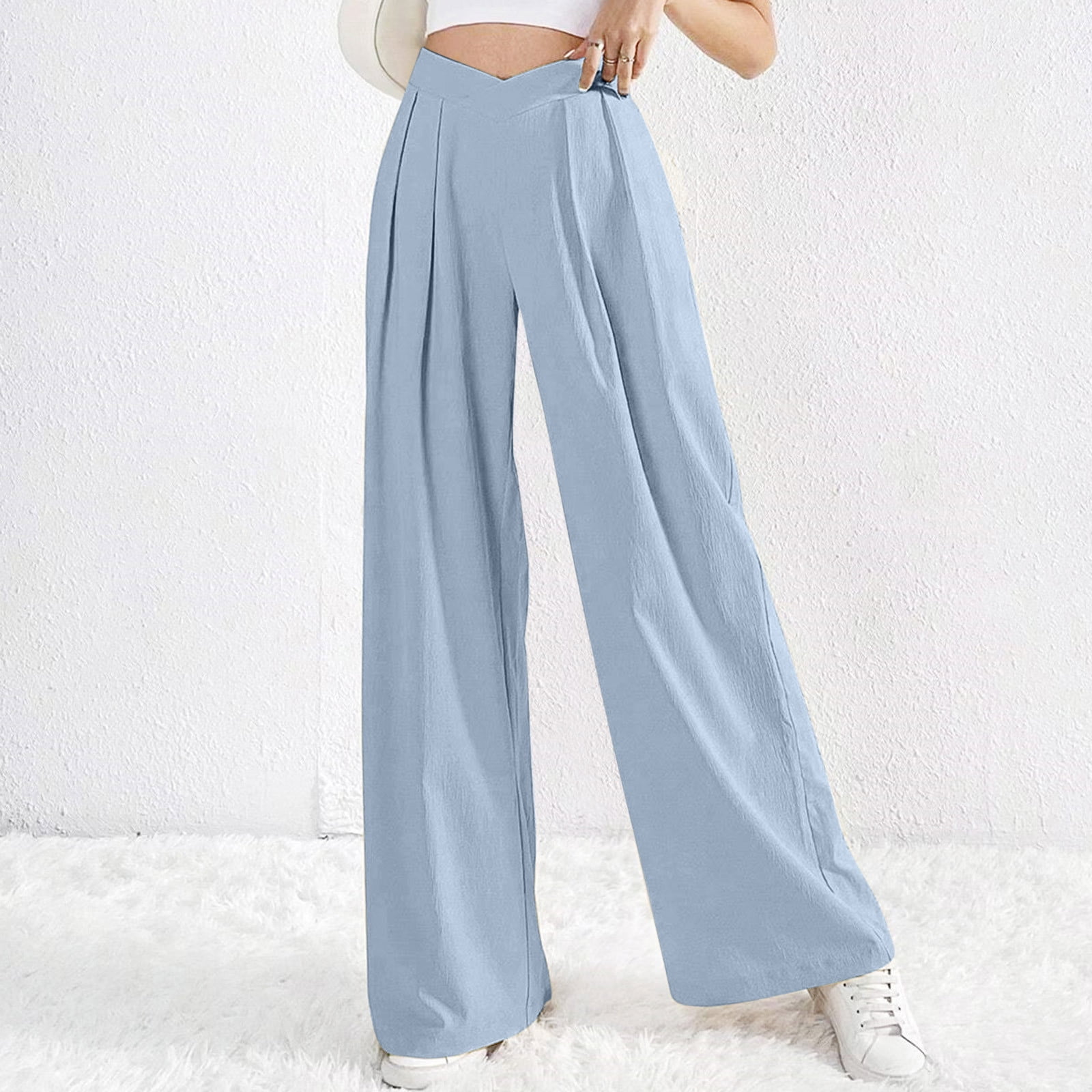 Tnhcen Women's High Waisted Pleated Wide Leg Pants - Casual Drawstring ...
