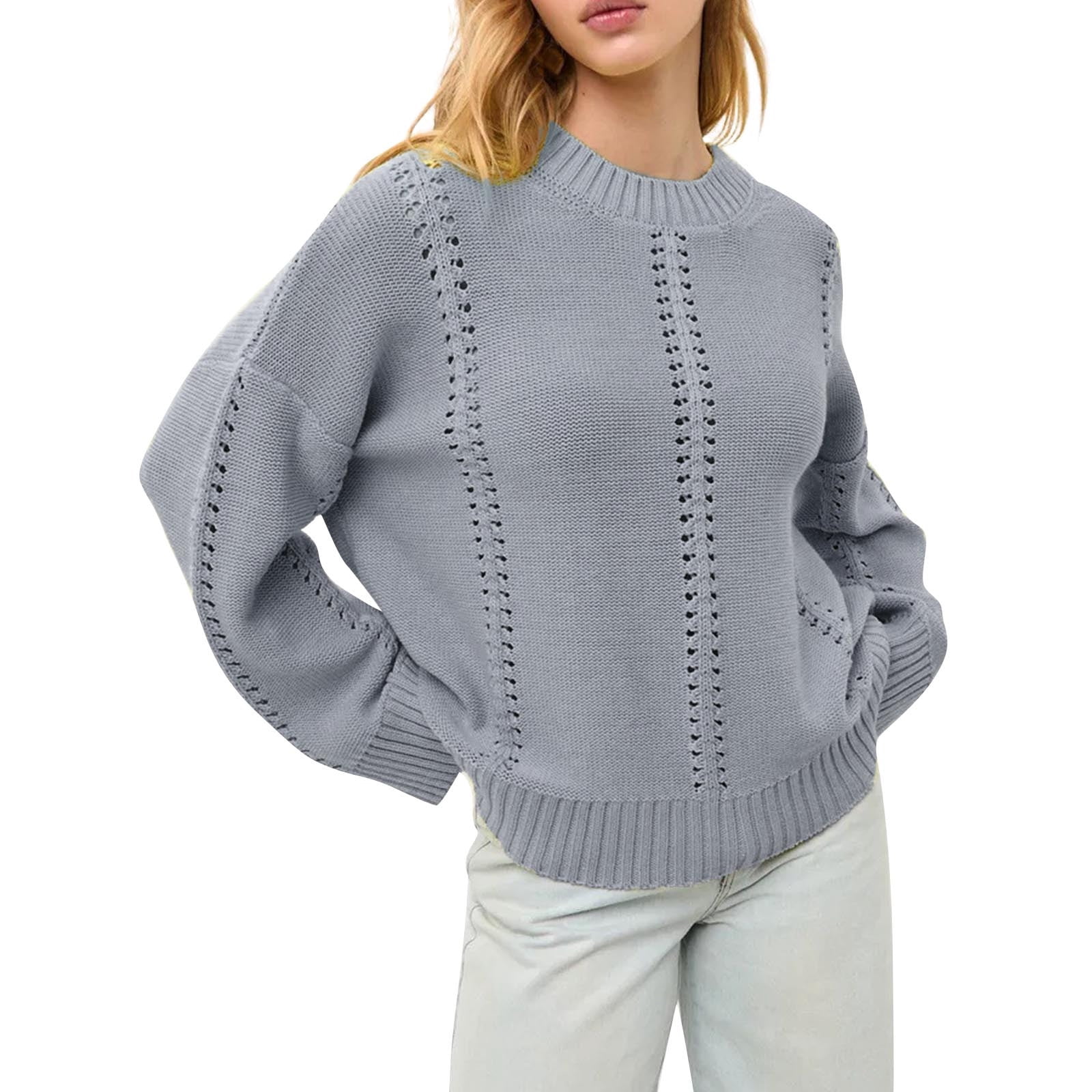 Tnhcen Women's Openwork Knit Sweater Loose Fit Round Neck Top Soft ...