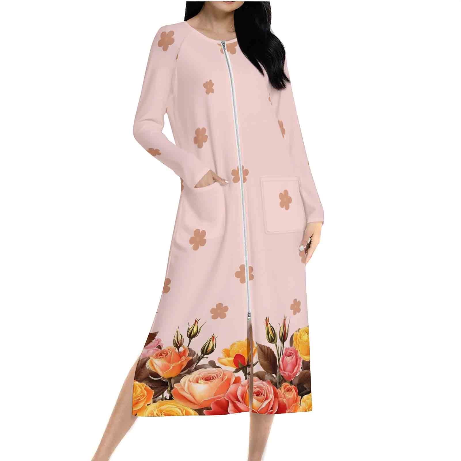 Tnhcen Women's Pajama Dress Long Sleeve Floral Print Loose Fit Zipper ...