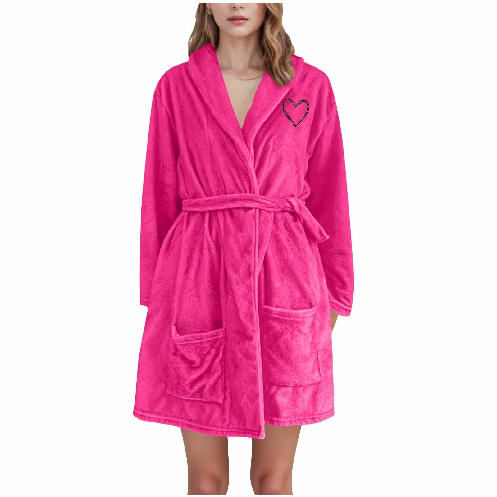 Tnhcen Women's Plush Fleece Hooded Robe Cozy Heart-Print Bathrobe Long ...