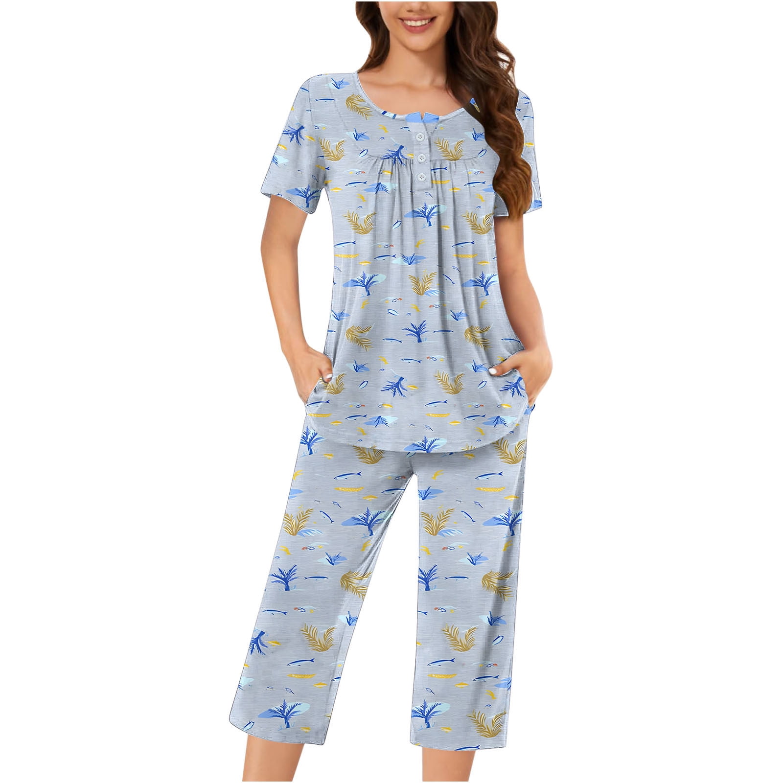 Tnhcen Women's' S 2 - Piece Nightwear Summer Sleep Set: Henley Neckline ...