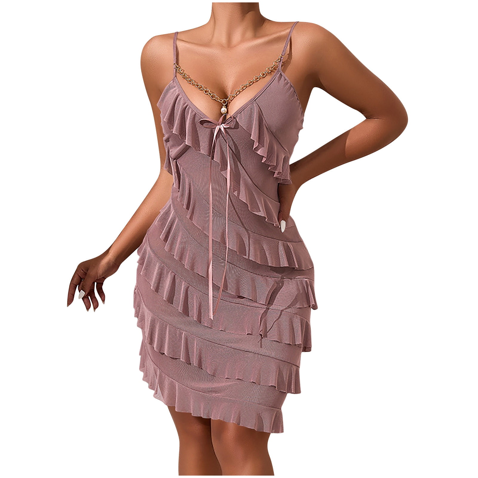 Tnhcen Women's Sexy Deep V-Neck Wave Ruffle Sleep Dress - Sheer Mesh ...
