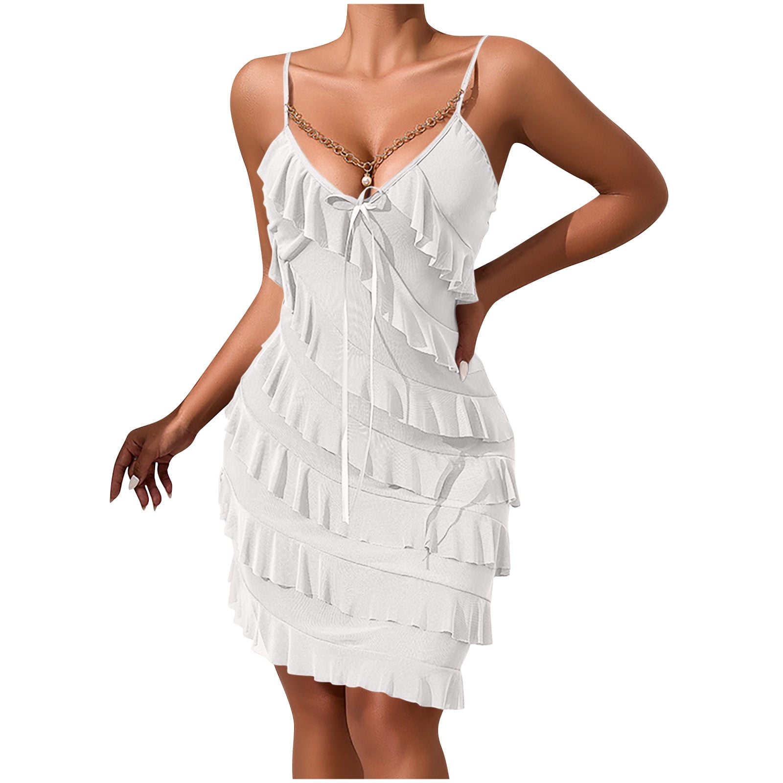 Tnhcen Women's Sexy Deep V-Neck Wave Ruffle Sleep Dress - Sheer Mesh ...