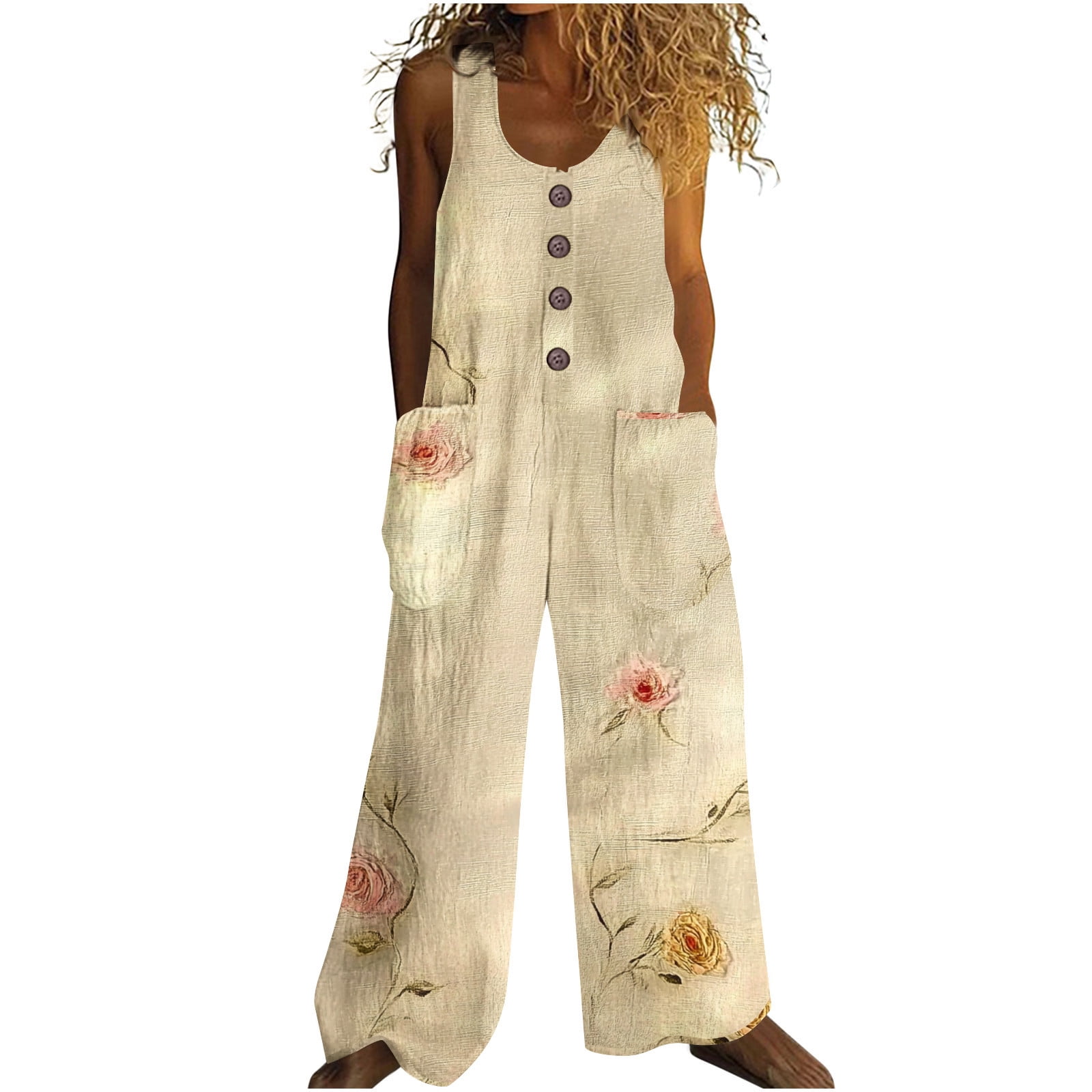 Tnhcen Women's Summer Retro Floral Button Romper Linen-Look Jumpsuit ...
