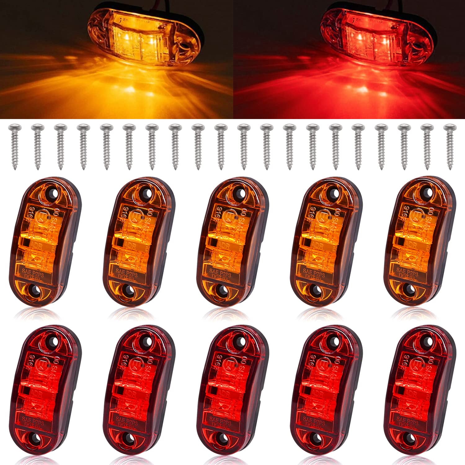 Tnisesm 10Pcs Amber+Red 2.5 KEF16 Inch Waterproof Trailer Marker Lights ...