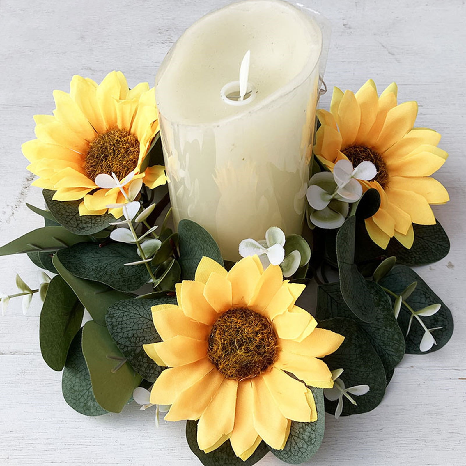 Tnobhg 1/2Pcs Sunflower Eucalyptus Wreath Candle Ring Spring Artificial Greenery Garland Pillar ...