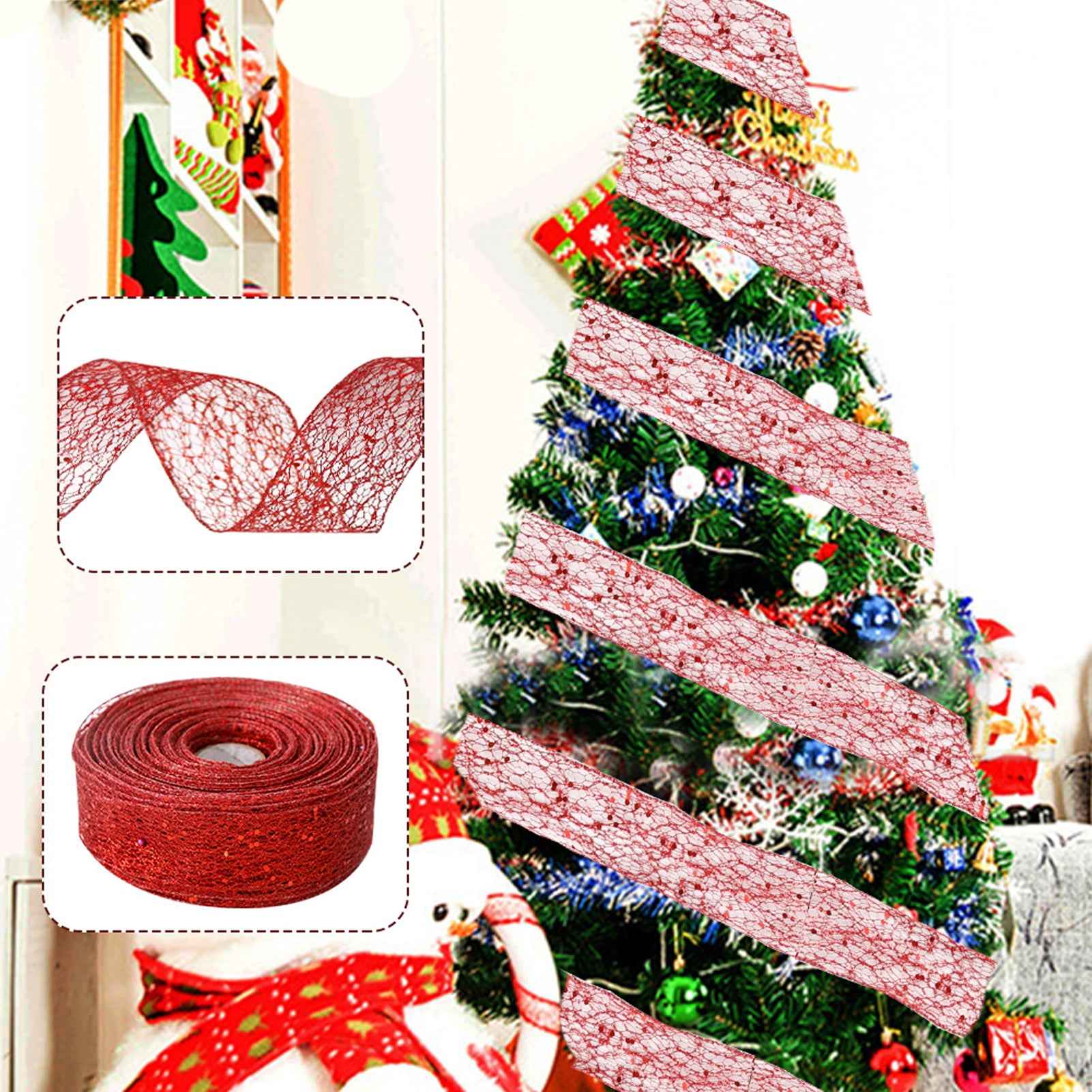 Tnobhg 1 Roll 2Mx5CM Christmas Ribbon Solid Color Sheer Glitter Wired ...