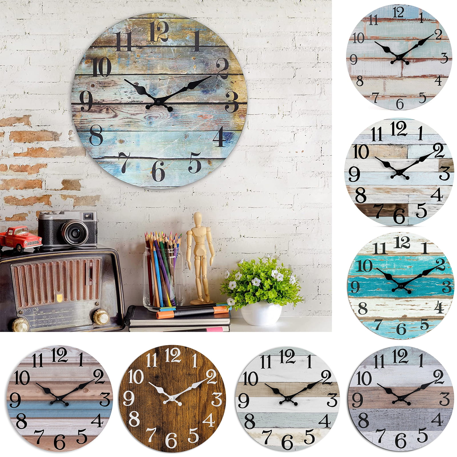Tnobhg 10-Inch Round Wood Wall Clock Vintage Rustic Non Ticking Silent ...