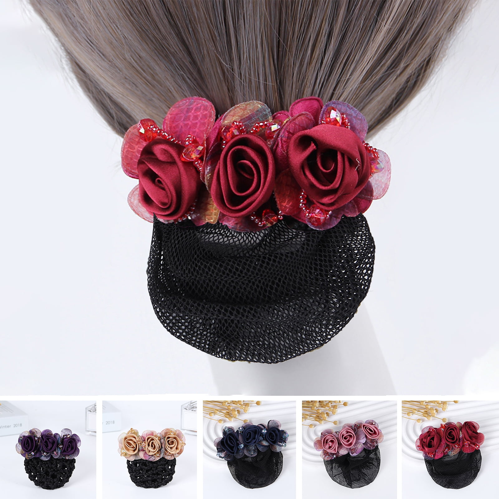 Tnobhg Bun Snood Flower Faux Crystal Hollow Out Elastic Anti-slip Bun ...