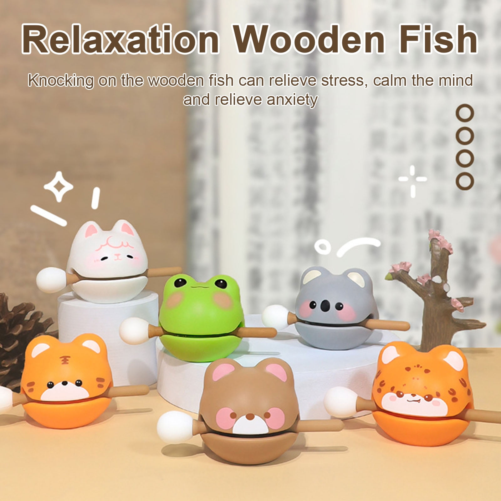 Tnobhg Cartoon Animal Wooden Fish Toy with Hammer Stress Relief ...