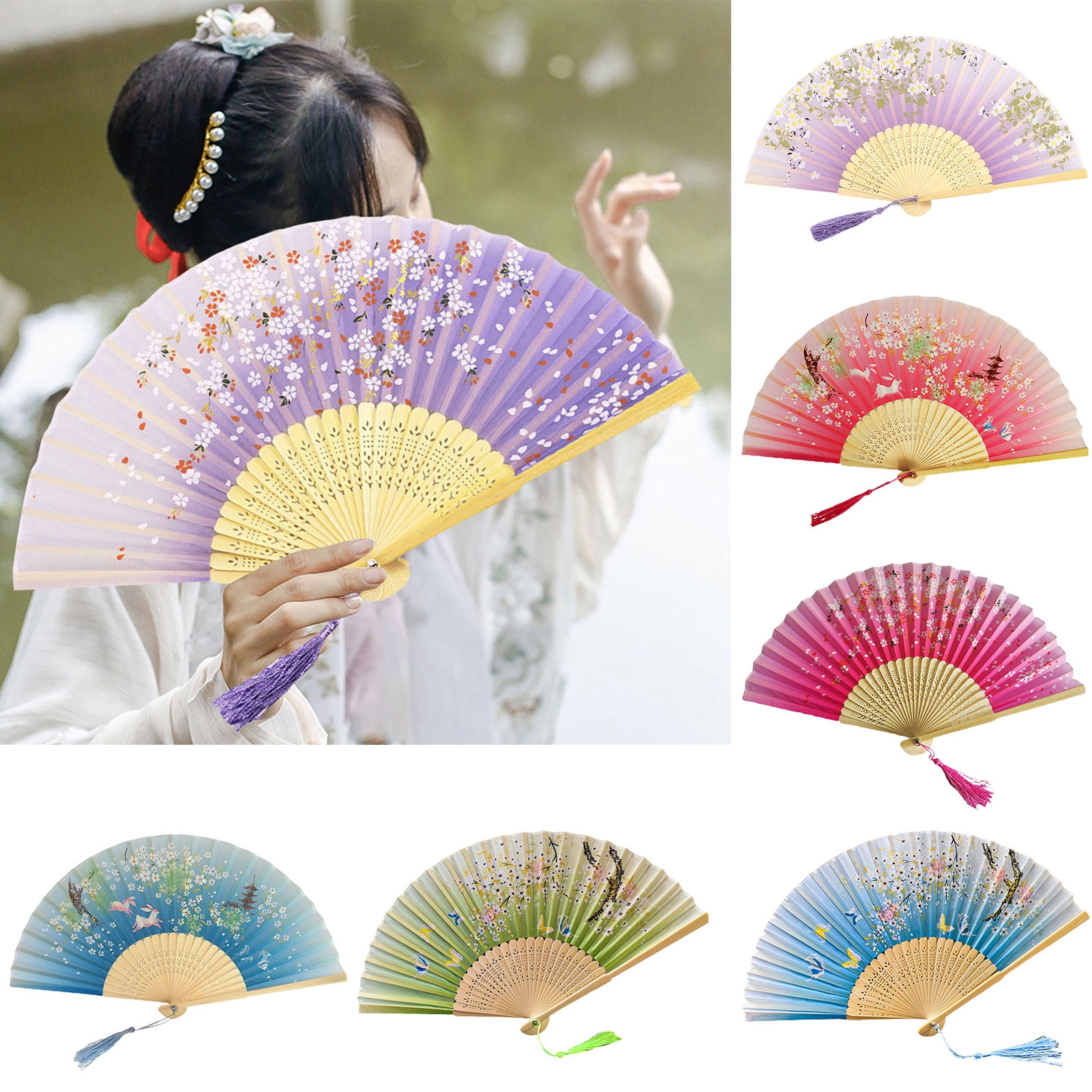 Tnobhg Chinese Style Silk Folding Fan with Tassels Elegant ...
