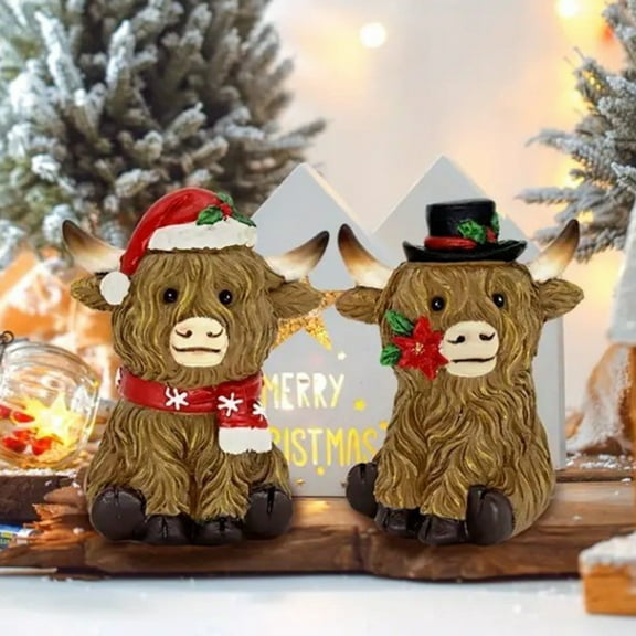 Christmas Cow Figurine Resin Highland Cow Ornament Festive Tabletop ...