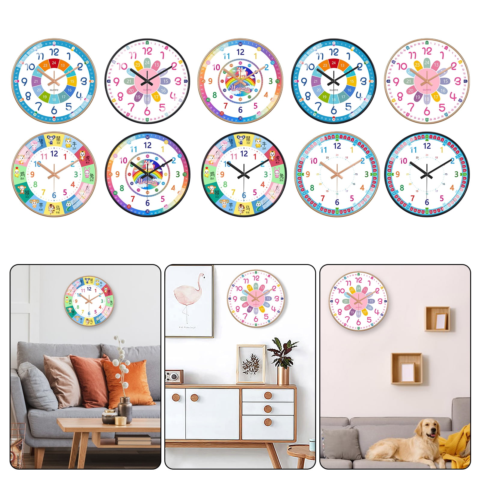 Tnobhg Colorful Silent Wall Clock Bedroom Classroom Playroom Teach Time ...