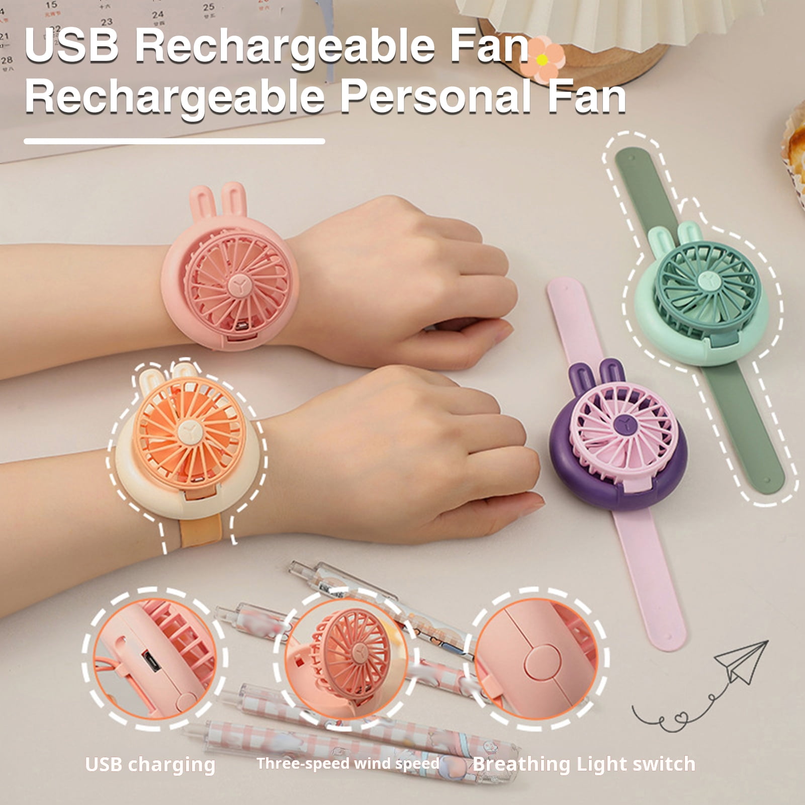 Tnobhg Kids Personal Mini Wrist Fan with 3 Speeds Low Noise USB ...