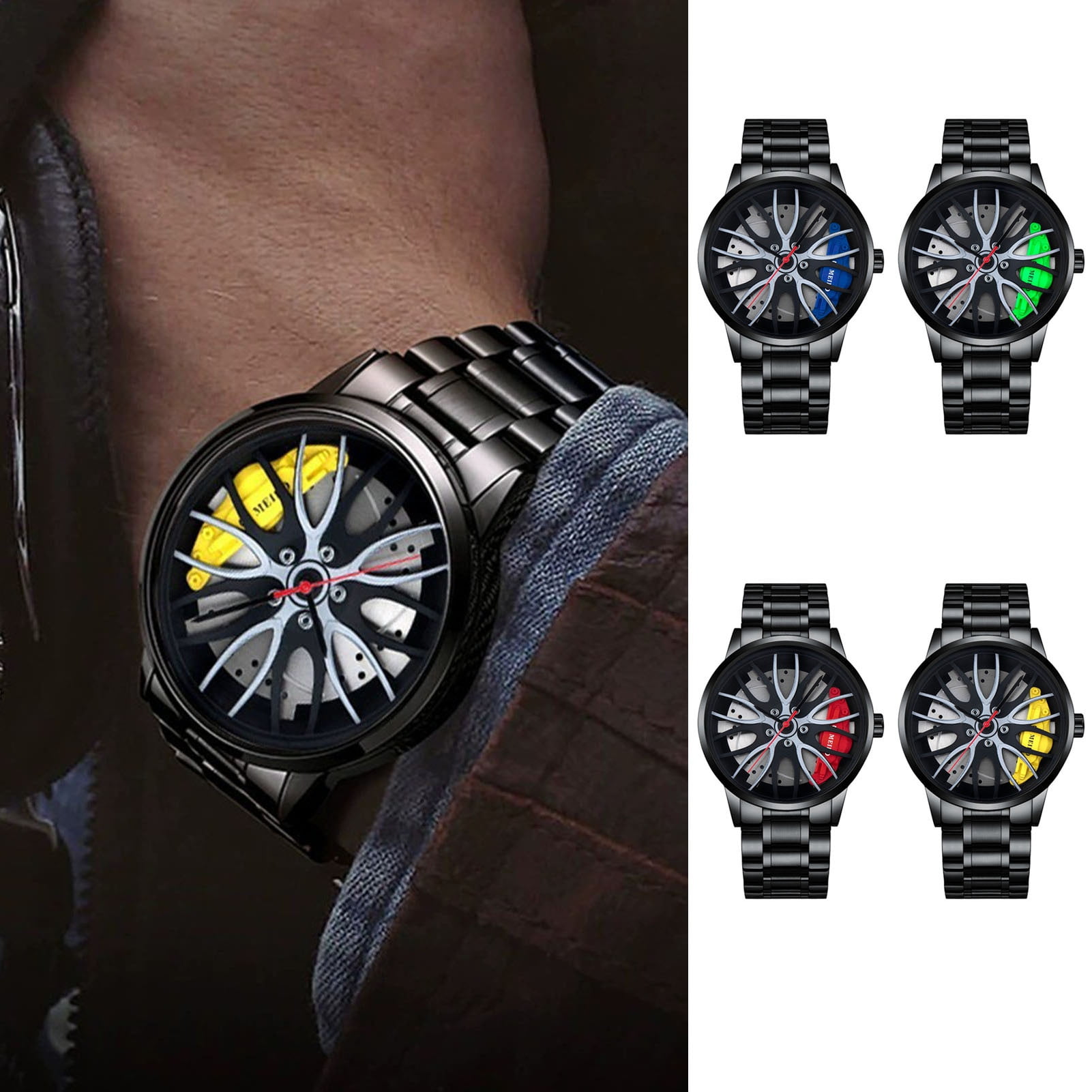 Tnobhg Men Watch Car Hub Design Round Quartz Dial Stainless Business ...