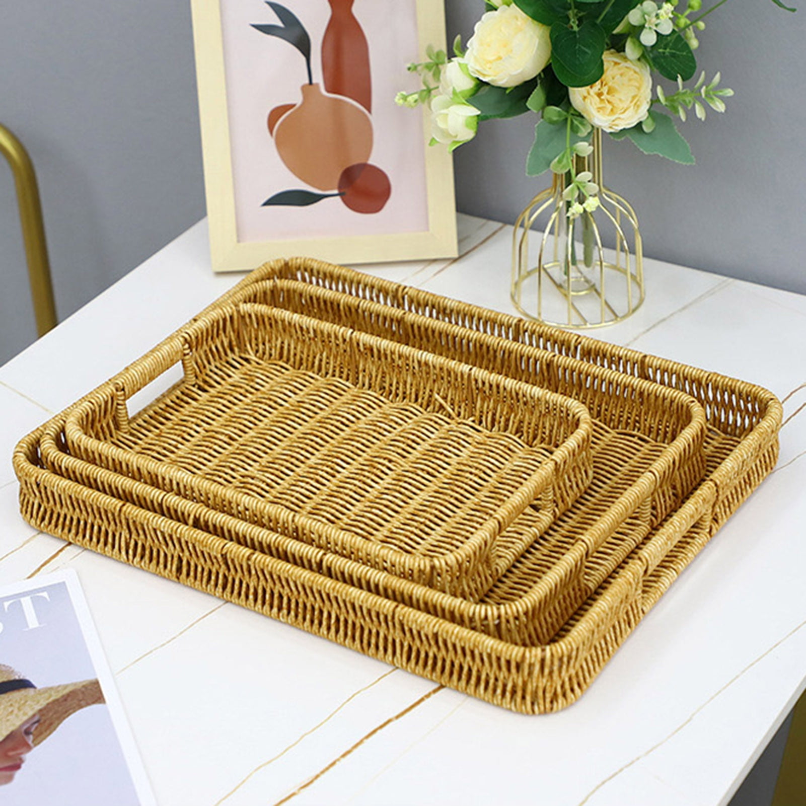 Tnobhg Storage Basket with Handle Manual Braided Faux Rattan Rectangle ...