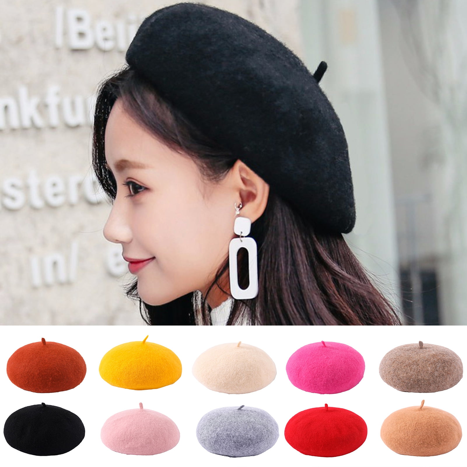 Tnobhg Women Winter Beret Vintage Solid Color Thick Knitted Decorative ...