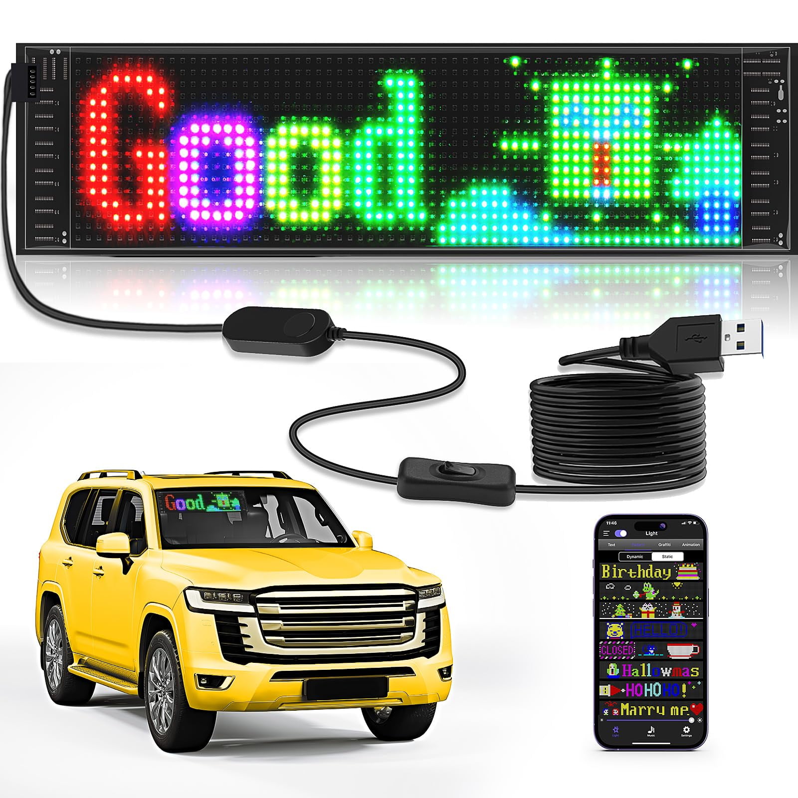Tnuxey Bright Scrolling Car LED Sign, 15''x4'' Flexible LED Light Signs ...