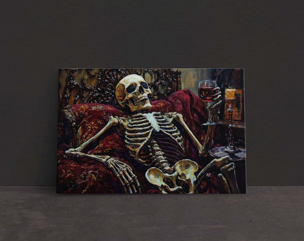 To Death, Skeleton Wine, Lounging Skeleton, Creepy Art, Gothic ...