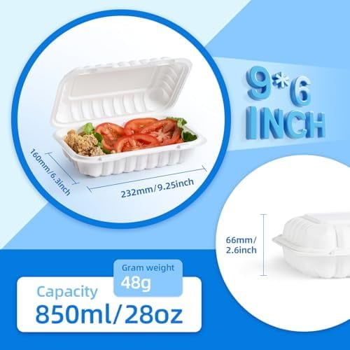 To Go Containers, Reusable 150 Pack 9 x 6 Inch 28 OZ Plastic Hinged ...