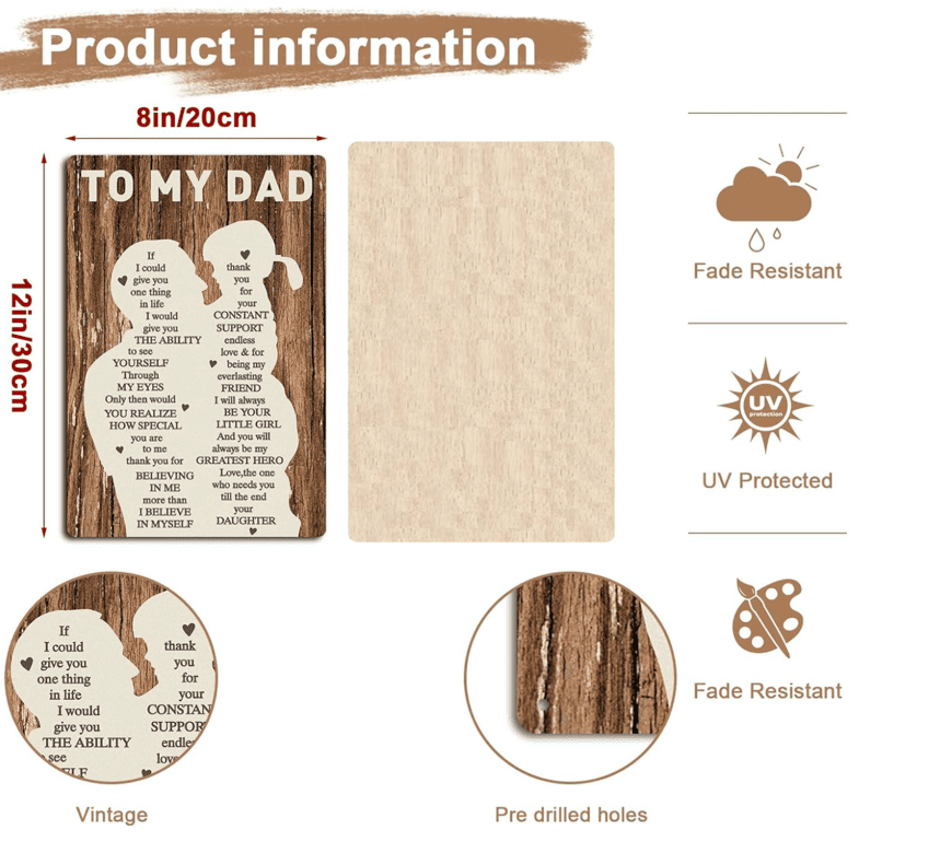 To My Dad! Fathers Day Presents From Daughter 11.8x7.8inch Wood Wall ...
