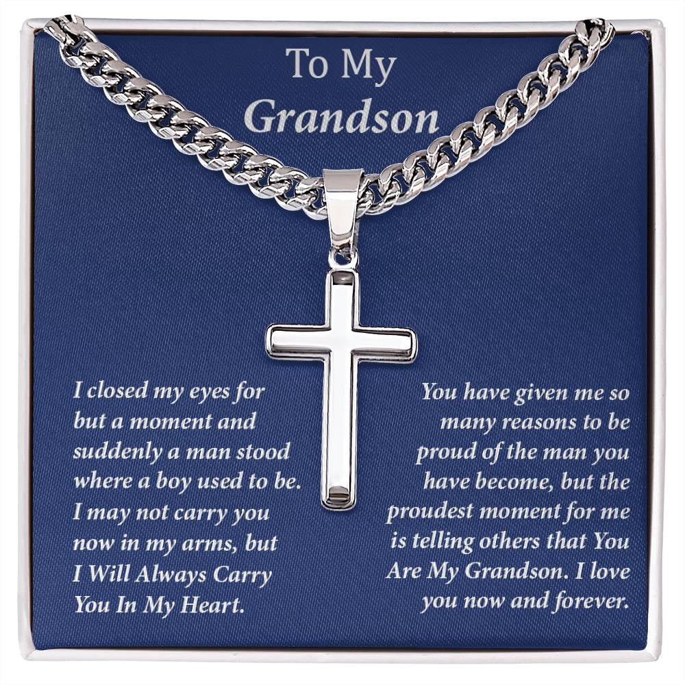 To My Grandson - Cross Necklace - Cuban Link Chain with Artisan Cross ...