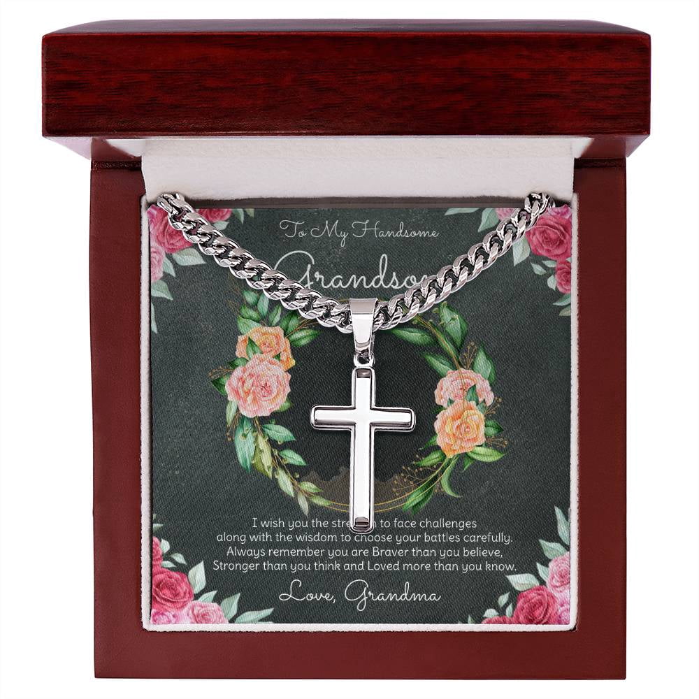 To My Handsome Grandson Cross Necklace - Cuban Link Chain with Artisan ...