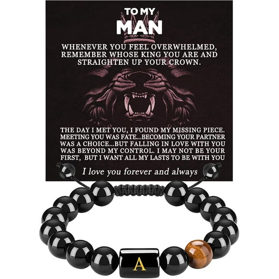 10MM Black Onyx Stone Initial Bracelet for Men Letter Link Handmade ...