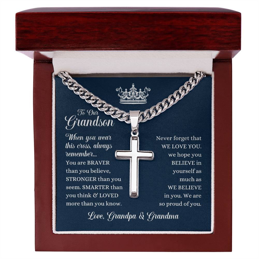 To Our Grandson Cross Necklace - Cuban Link Chain with Artisan Cross ...