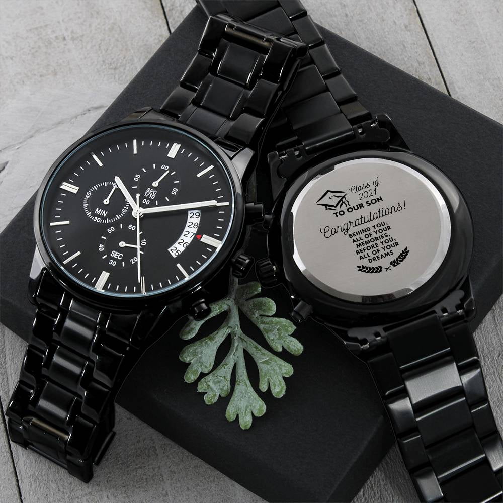 To Our Son Graduation Watch - Engraved Black Chronograph Watch - 2 Gift ...