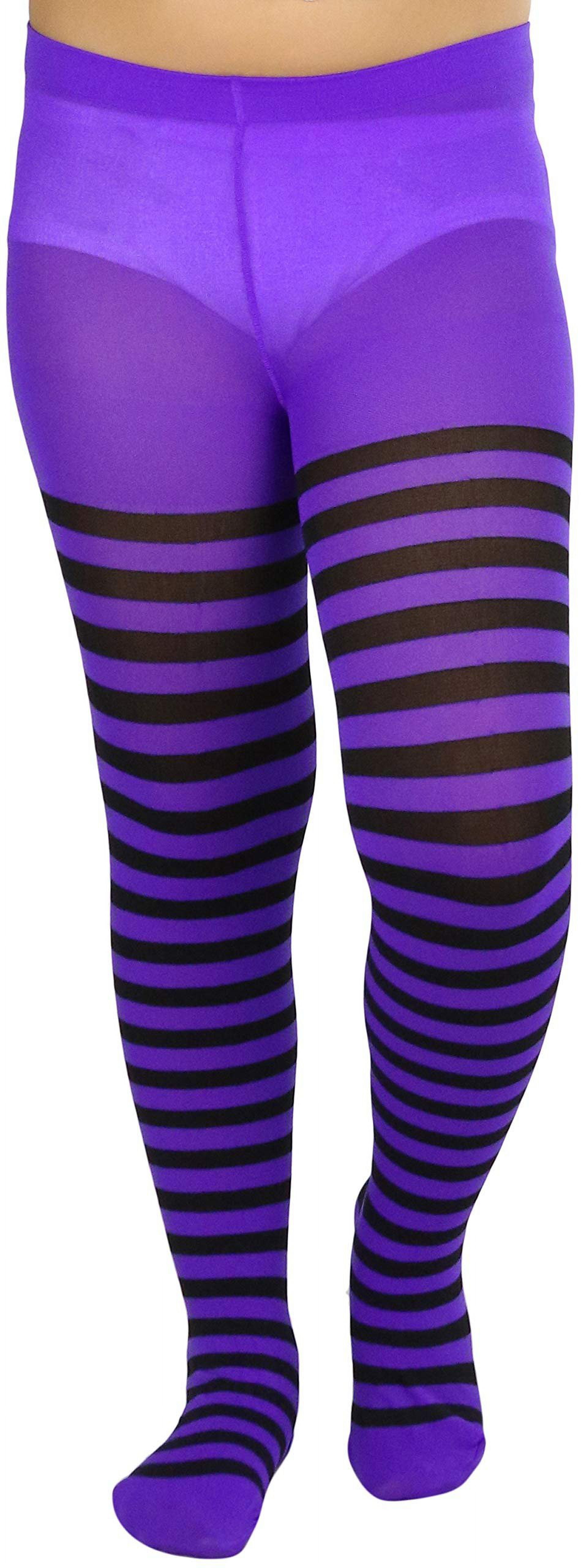 ToBeInStyle Girls' Horizontal Striped Full Length Tights - Black/Purple ...