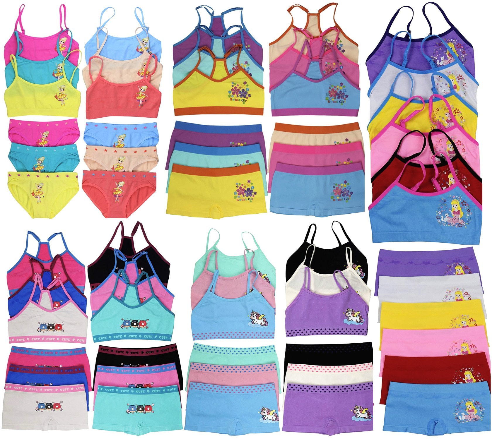 ToBeInStyle Girls' 12pk of 6 Cami Bralette Tops & Matching Bottoms ...