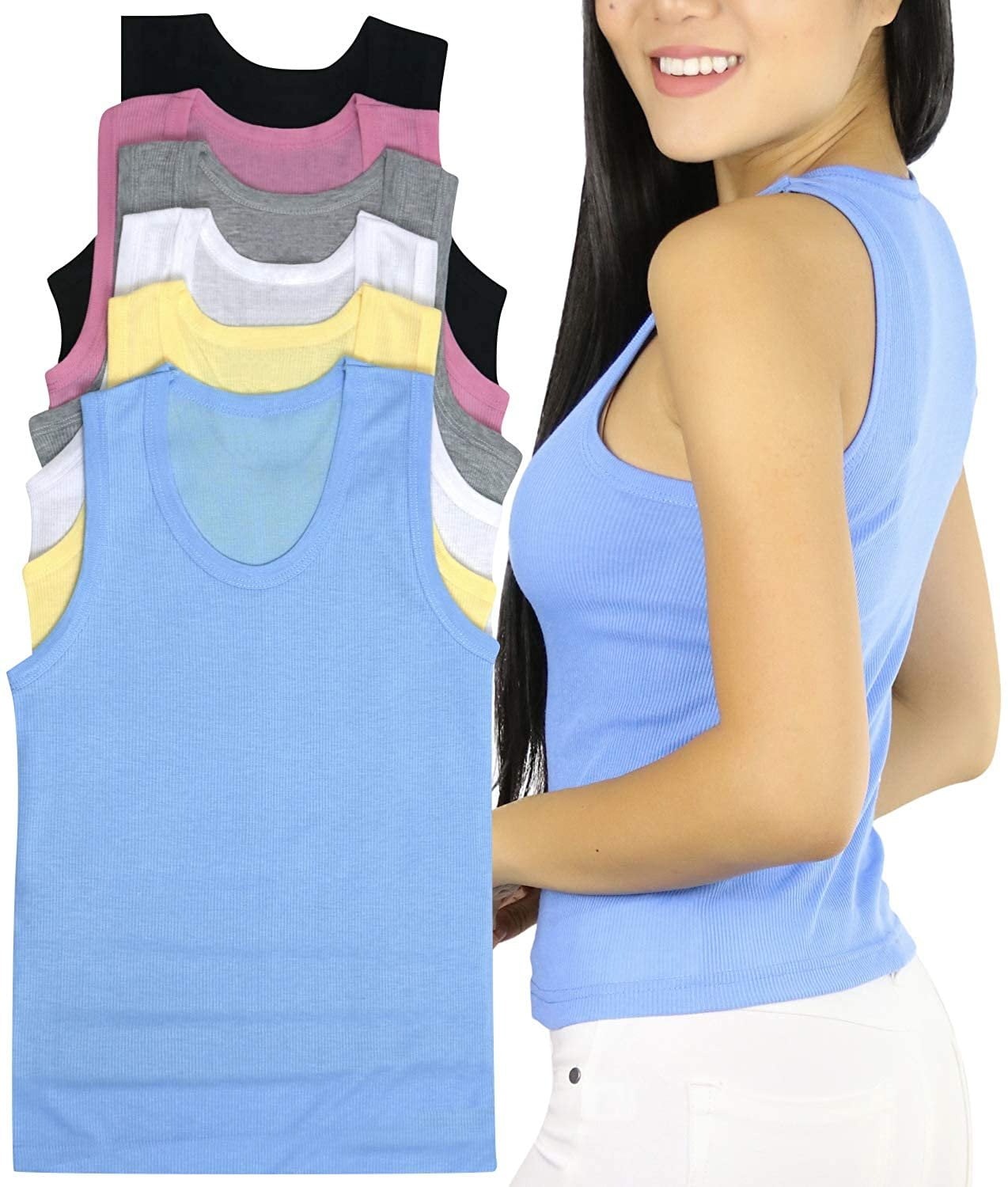 ToBeInStyle Juniors Pack of 6 100% Cotton Ribbed Crop Lightweight Tank ...