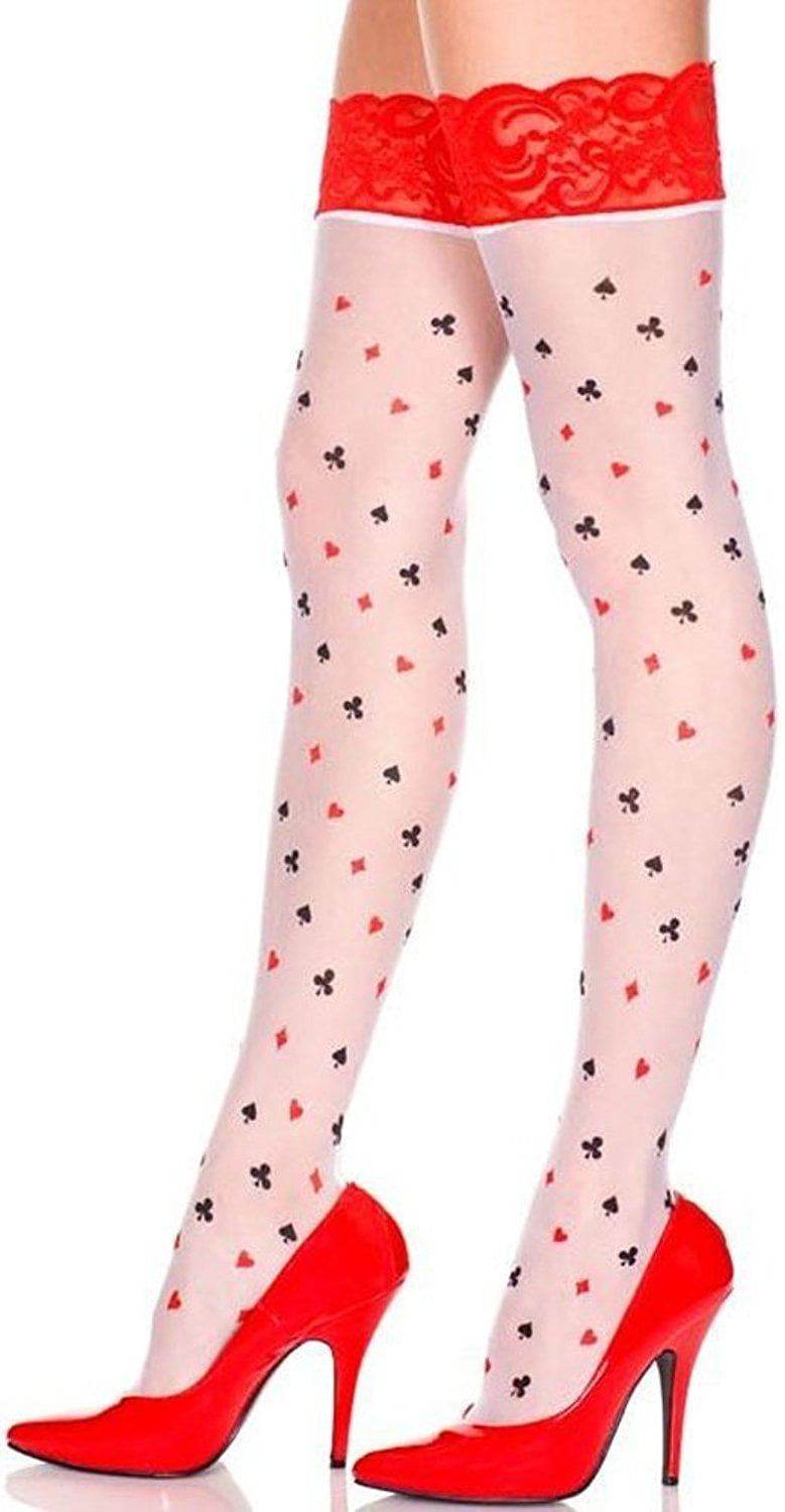 ToBeInStyle Sheer Wide Lace Thigh Highs w/ Deck of Cards Design - One ...