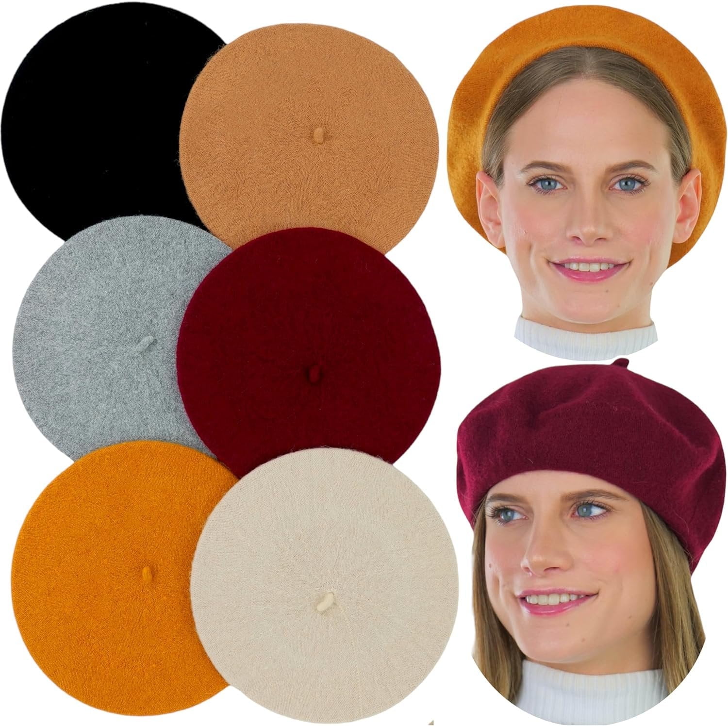 ToBeInStyle Unisex Pack of 6 Solid Color Assorted Wool French Berets ...