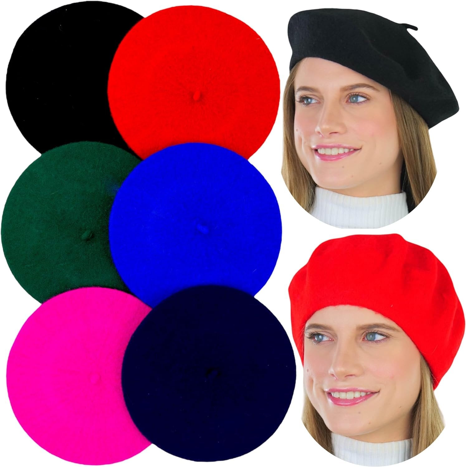ToBeInStyle Unisex Pack of 6 Solid Color Assorted Wool French Berets ...