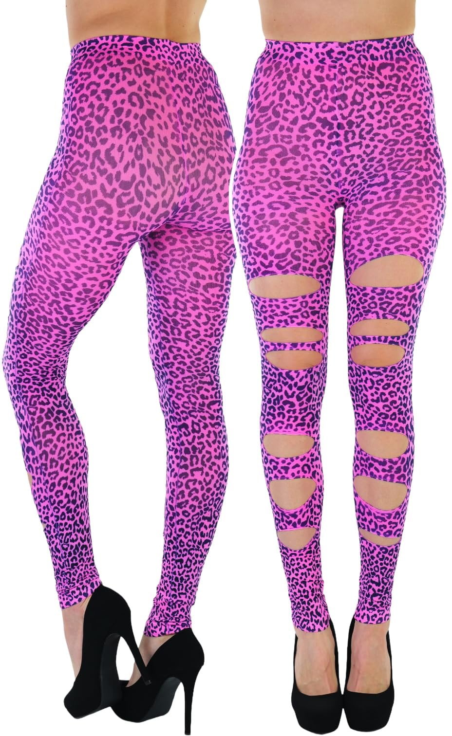 ToBeInStyle Women's Cut Out Leopard Print Footless Tights - Neon Pink ...